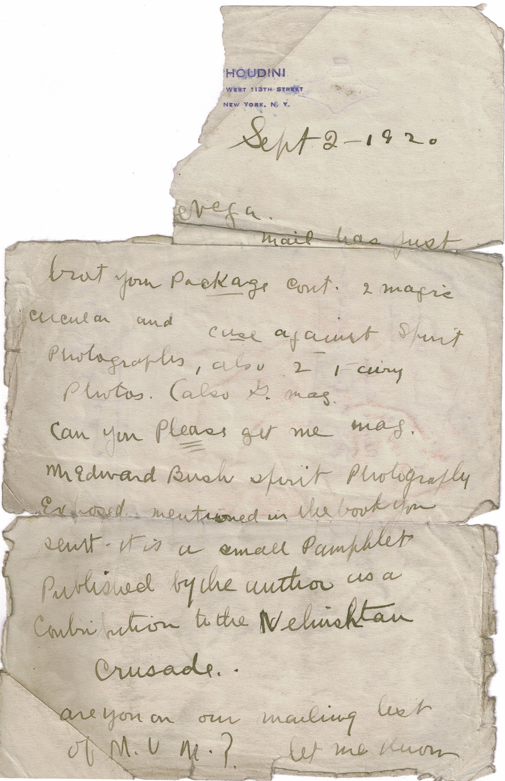 Harry Houdini Handwritten Word Cut from a Autograph Letter Signed Beck ...
